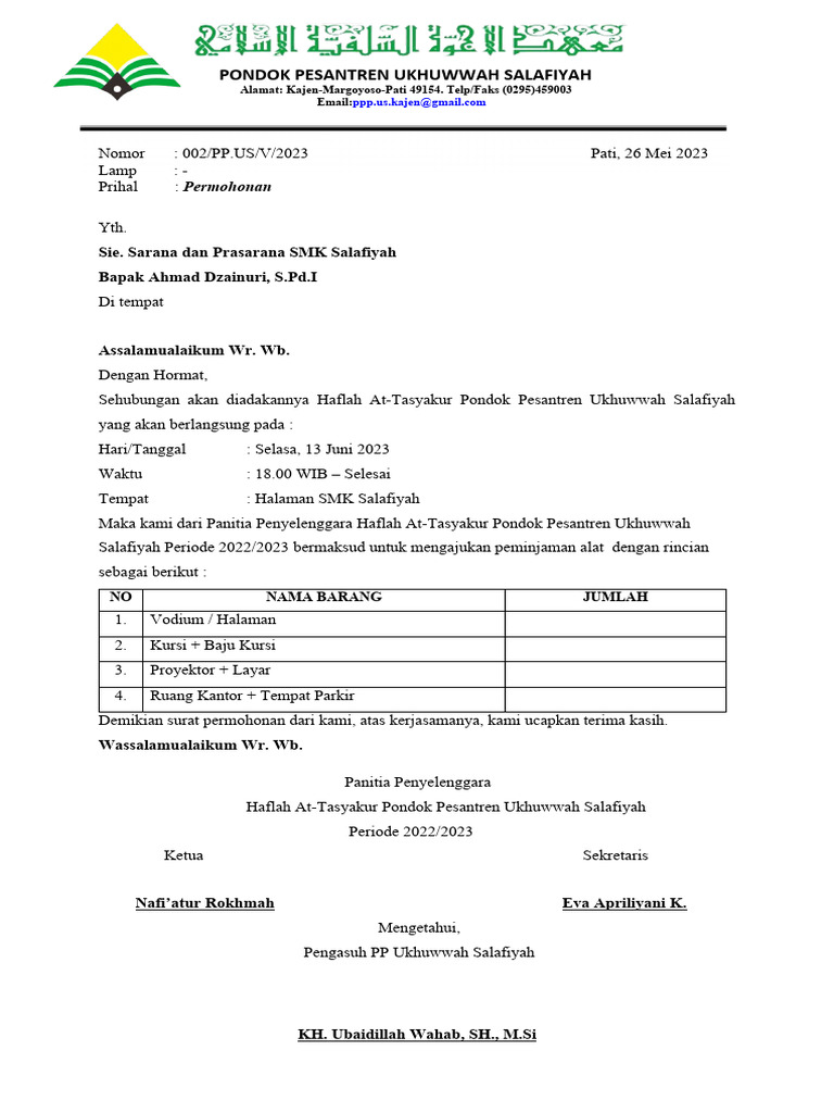 Surat Permohonan Pinjam Barang | PDF