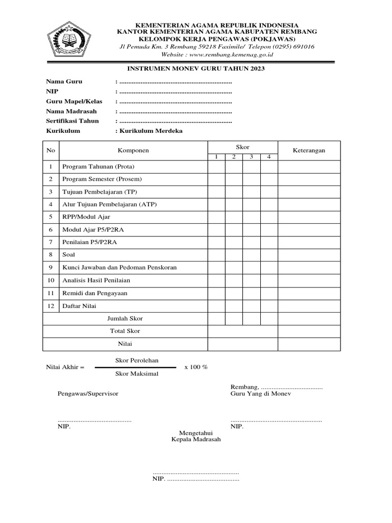 Instrumen Monev Guru 2023 | PDF