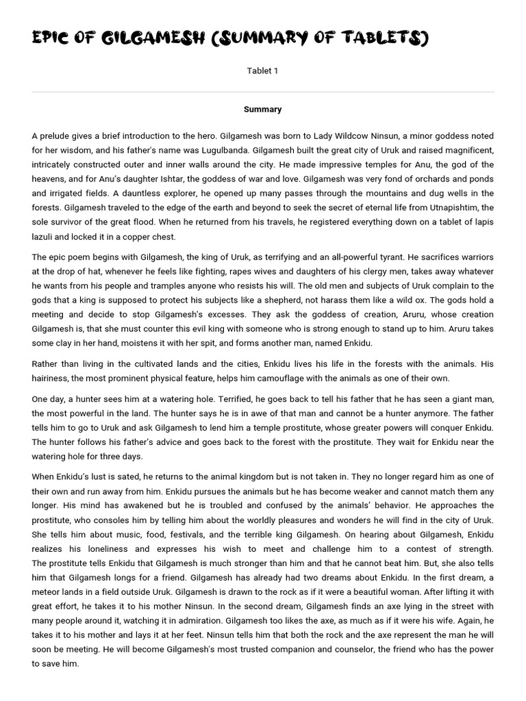 Epic of Gilgamesh Summary of Tablets (Students Copy) | PDF | Epic Of ...