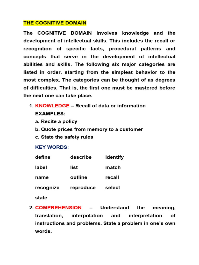 Blooms THE COGNITIVE DOMAIN | PDF | Recall (Memory) | Cognition