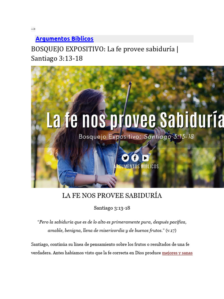 BOSQUEJO EXPOSITIVO La fe provee sabiduría Santiago 3 13 18 | PDF | Sabiduría | Paz