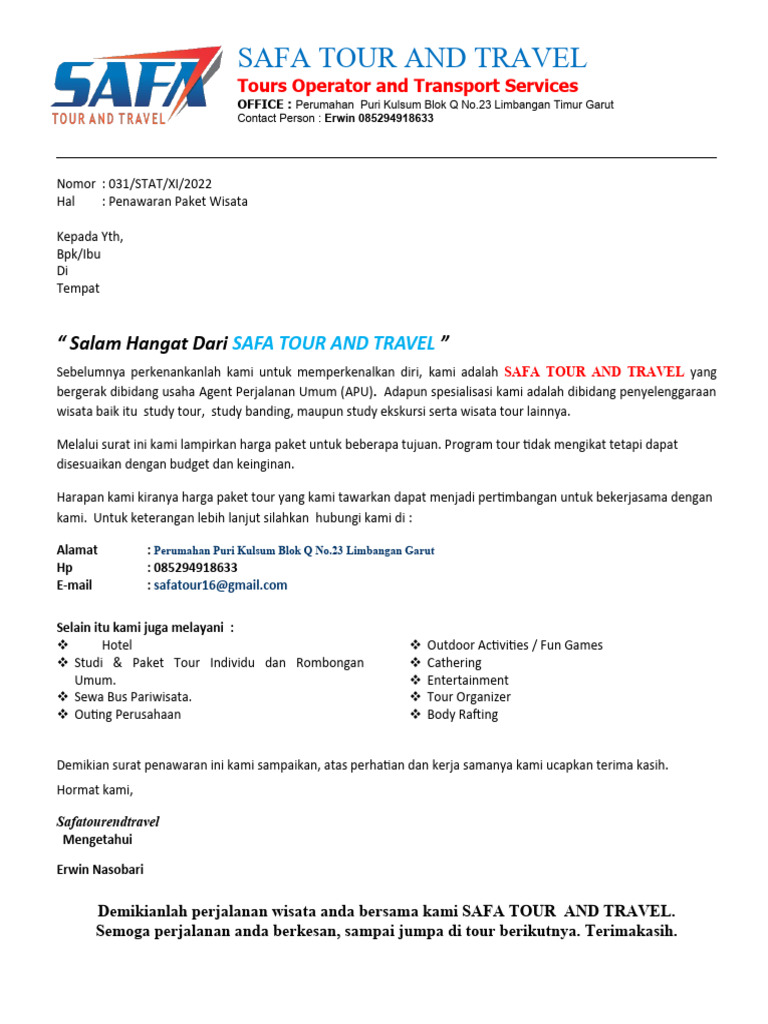 SAFA TOUR BALI STKIP PASUNDAN CIMAHI 4 HAR. 3 MALAM 1 Revisip 1df | PDF