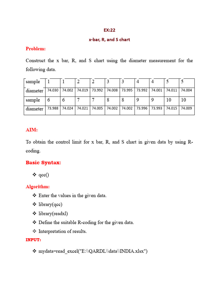 Problem:: EX:22 X-Bar, R, and S Chart | PDF | Statistics | Median
