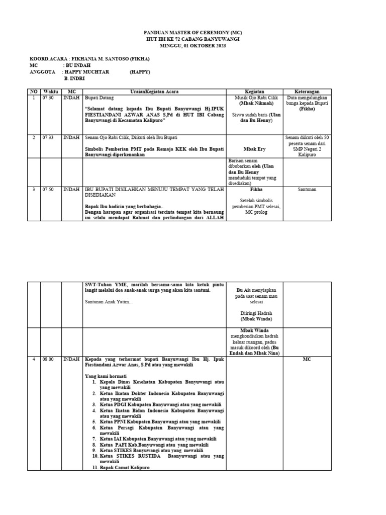 Panduan MC HUT IBI Banyuwangi ke-72 | PDF