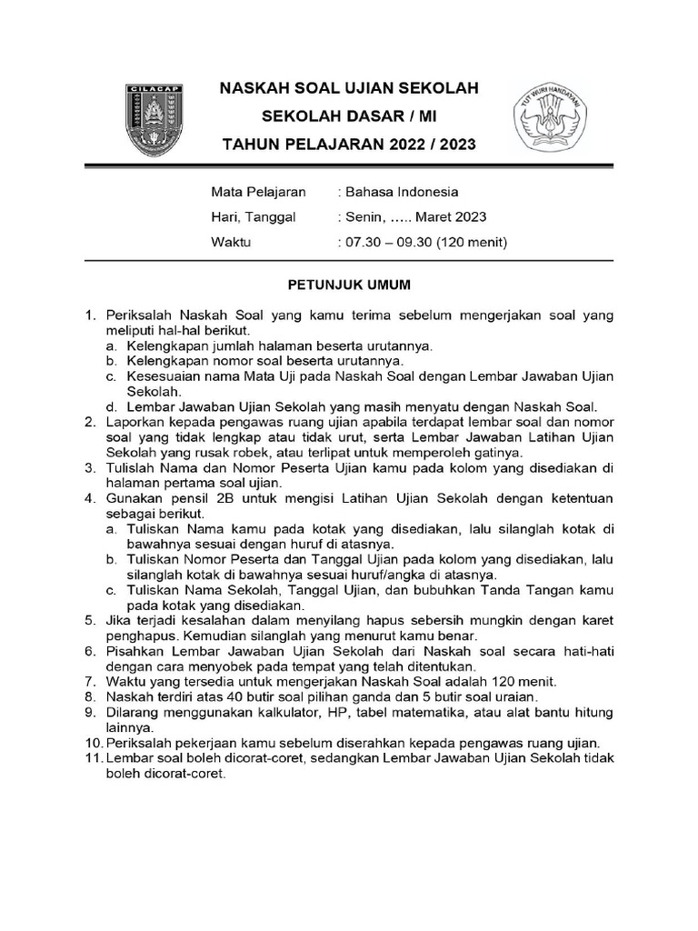 Soal US Bahasa Indonesia Kelas 6 2023 | PDF