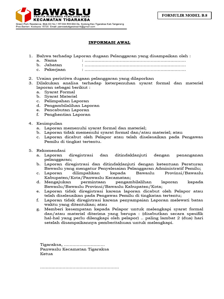 Formulir Model B.8 Informasi Awal | PDF