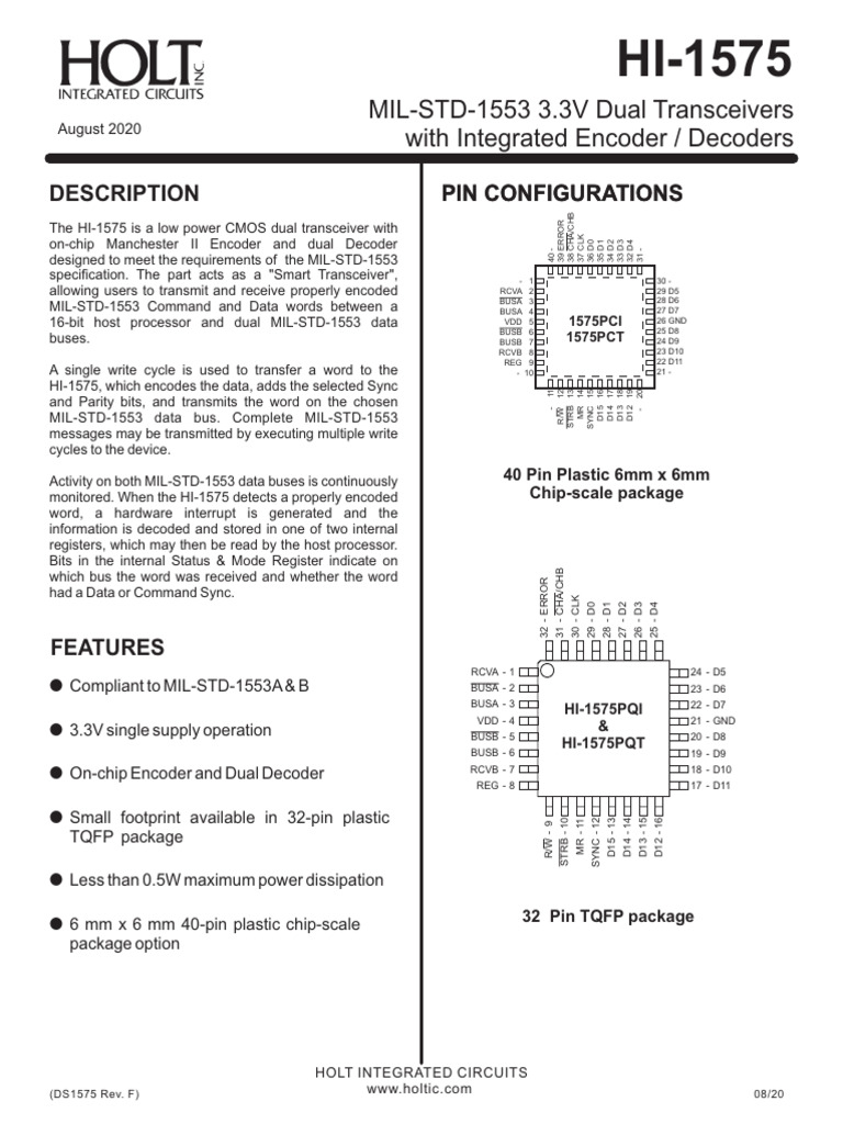 MIL-STD-1553 3.3V Dual Transceivers With Integrated Encoder / Decoders ...