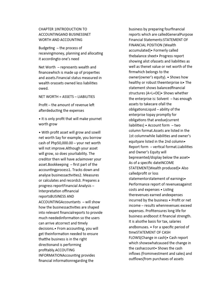 CHAPTER 1INTRODUCTION TO ACCOUNTINGAND BUSINESSNET WORTH AND ACCOUNTING | PDF | Equity (Finance ...