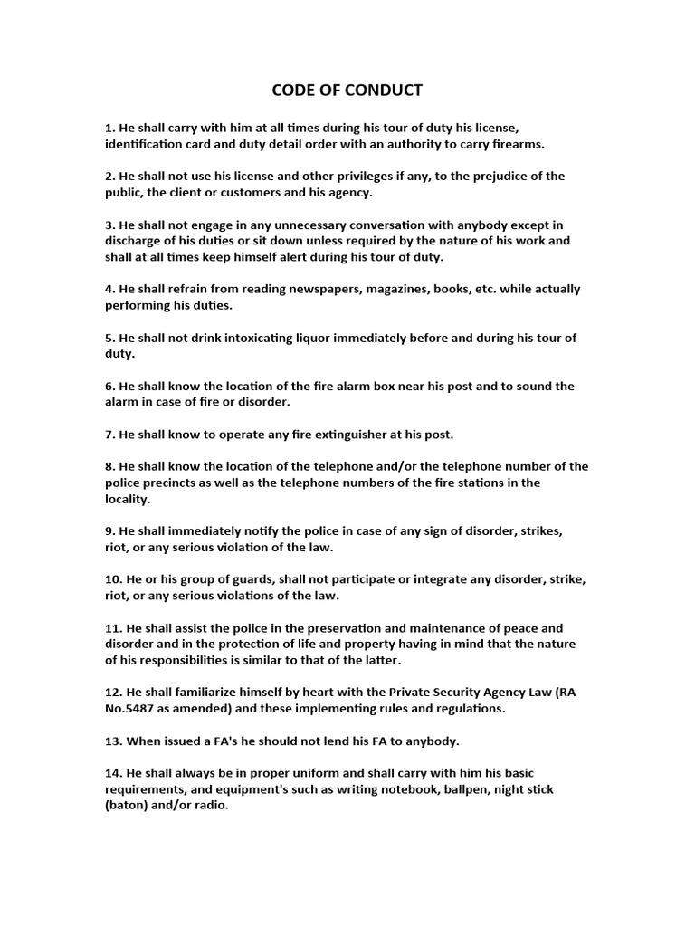 Security Personnel Code of Conduct | PDF