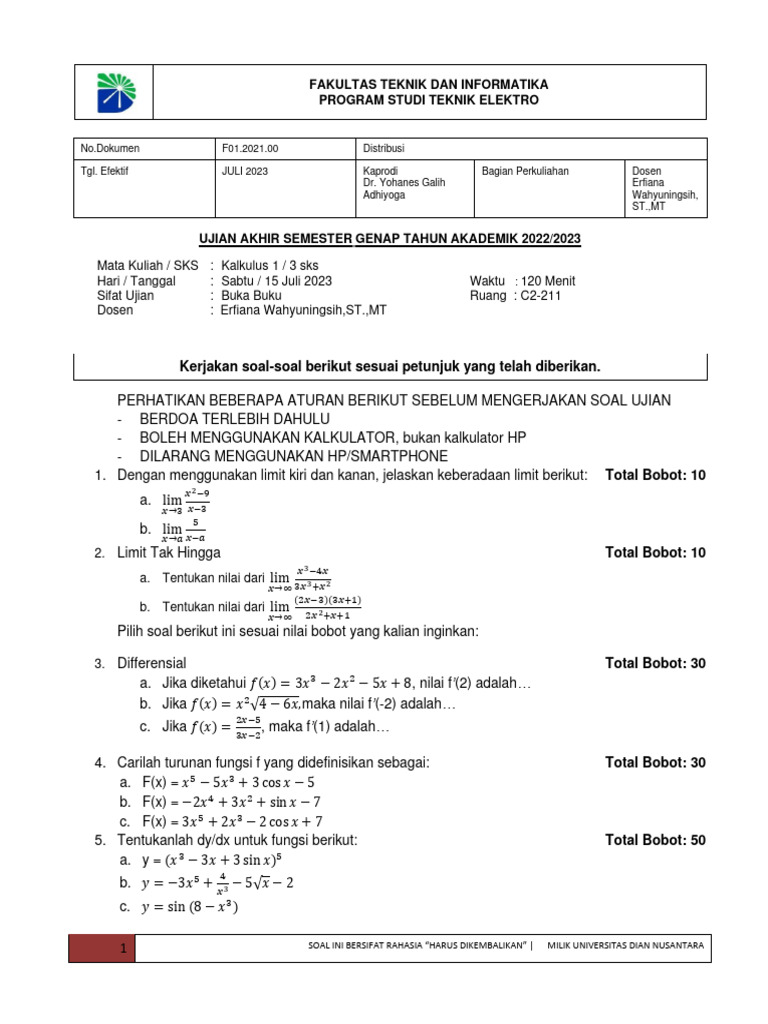 UAS - Kalkulus 1 ATA 22-23 | PDF