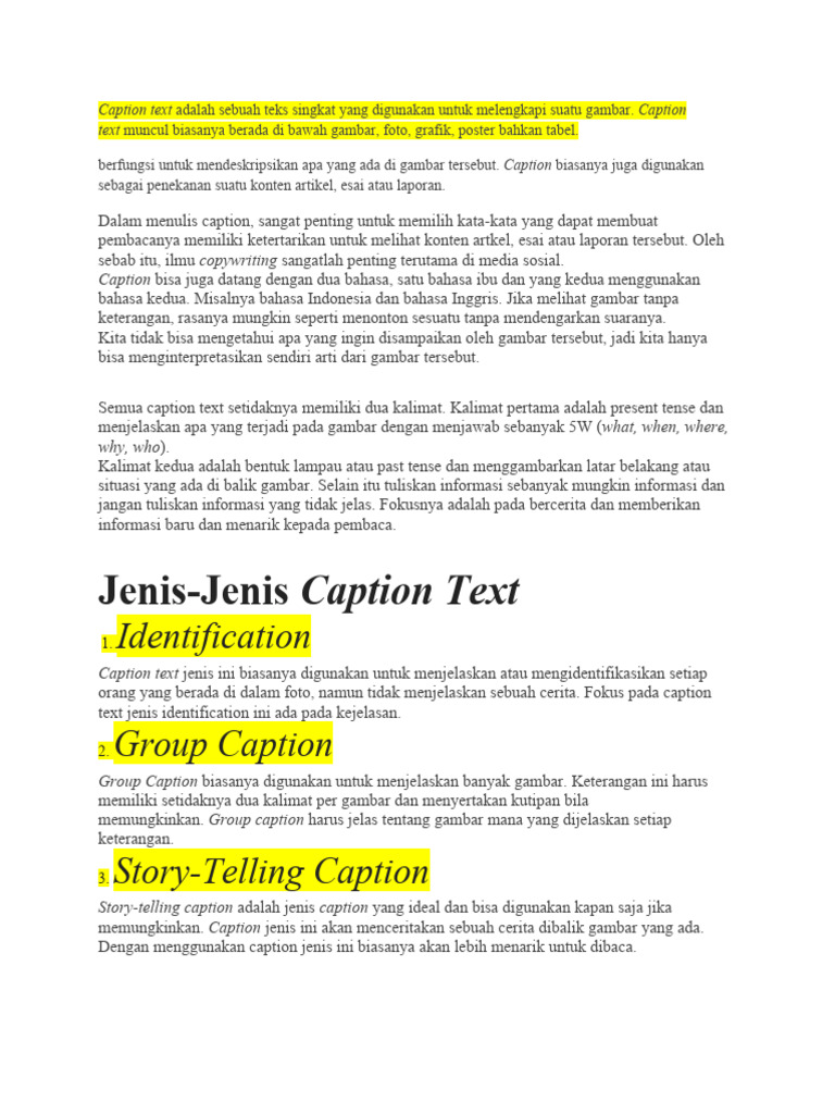 Jenis-Jenis Caption Text dan Fungsinya | PDF | Seni & Disiplin Bahasa