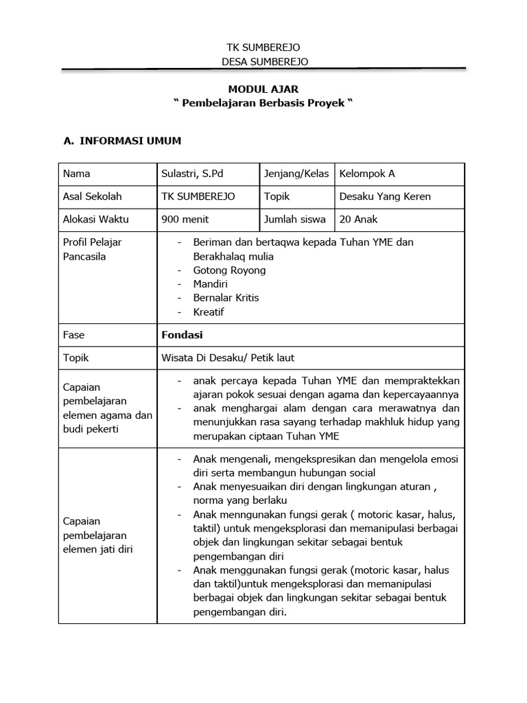 CONTOH MODUL TK Sumberejo.edit | PDF