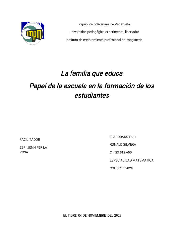 Papel de la escuela en la formación estudiantil | PDF | Enseñando ...