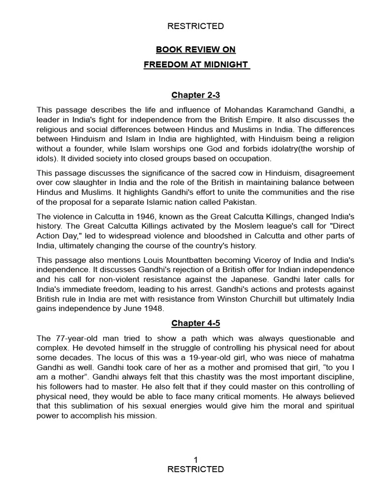 Freedom at Midnight Book Review | PDF | Partition Of India | Mahatma Gandhi