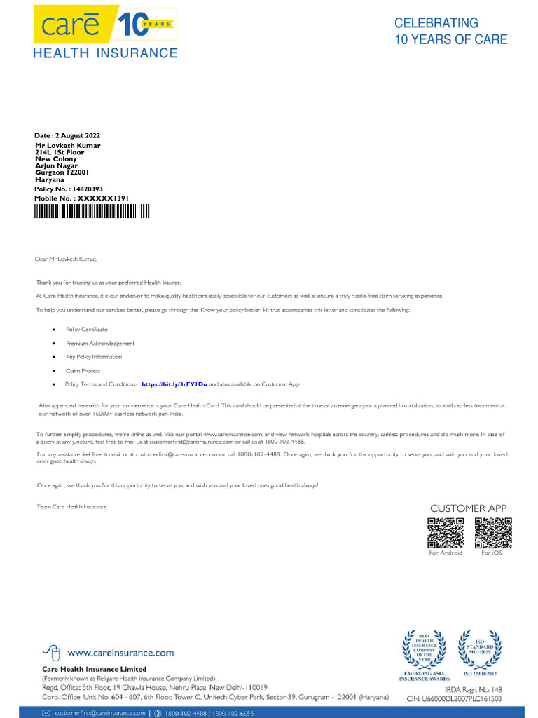 Policy Certificate 14820393 | PDF | Insurance | Hospital