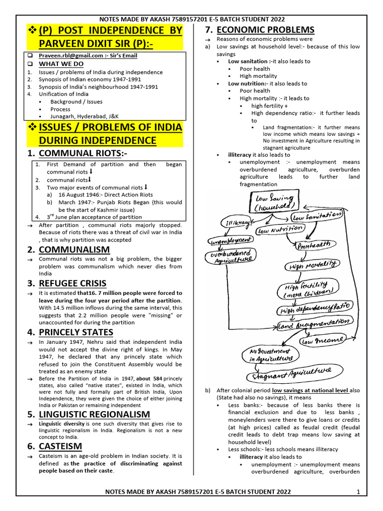 (P) Post Independence by Parveen Dixit Sir (P) | PDF | Partition Of India | British Raj