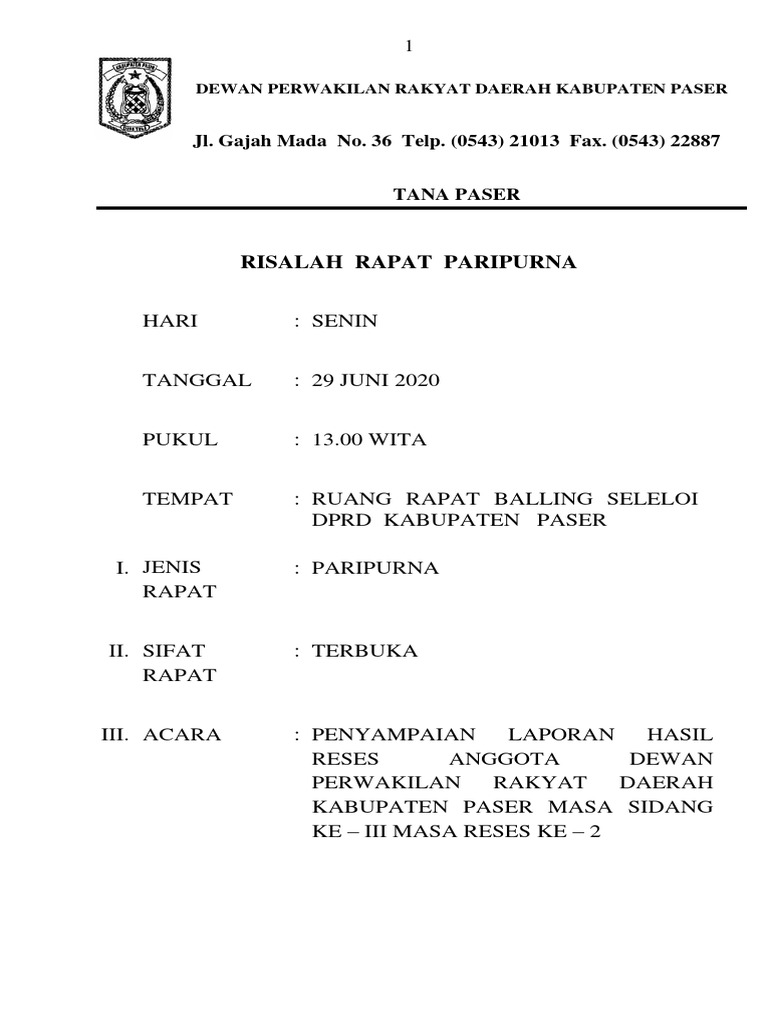 Laporan Hasil Reses DPRD Paser 2020 | PDF