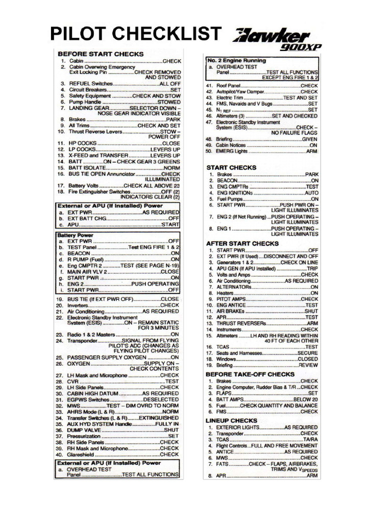 Pilot Checklist Hawker900XP | PDF