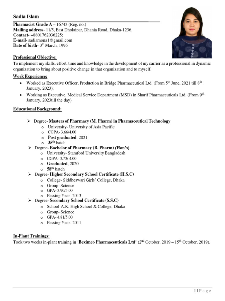 Sadia Islam (CV) | PDF | Pharmacy