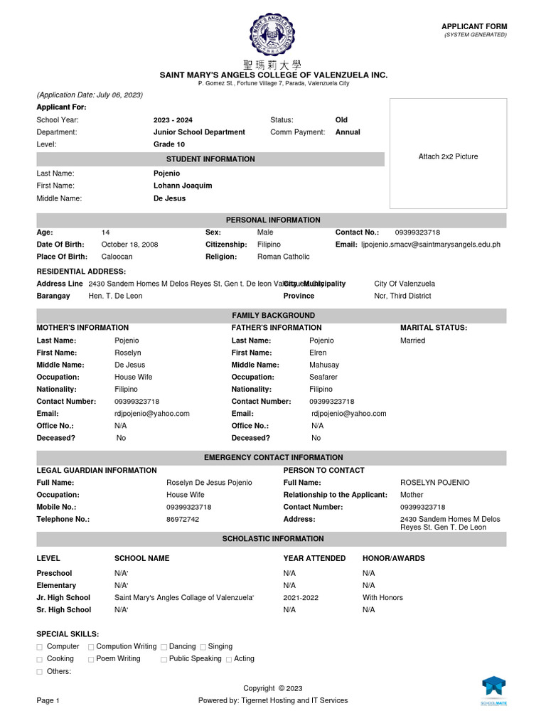 Saint Mary's Angels College of Valenzuela Inc. - Student Form 07-06 ... Saint Mary's Angels College of Valenzuela Inc. - Student Form 07-06 ...