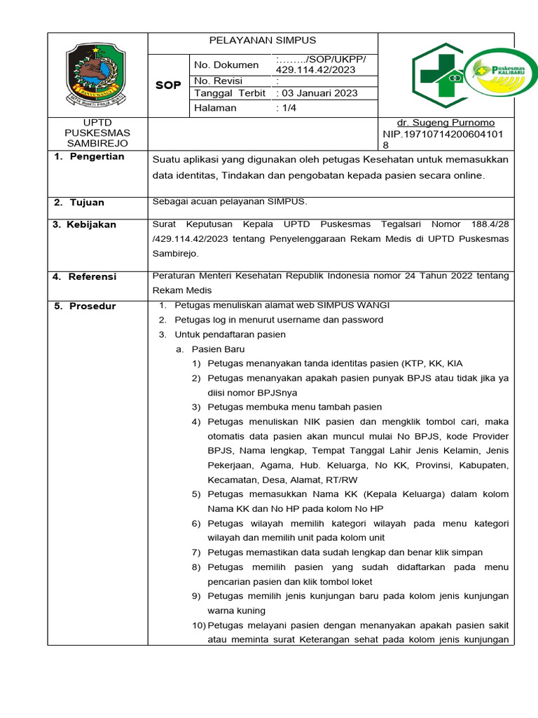 SOP Pelayanan SIMPUS Puskesmas Sambirejo | PDF