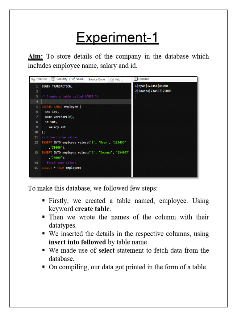 Dbms Experiments | PDF | Databases | Sql