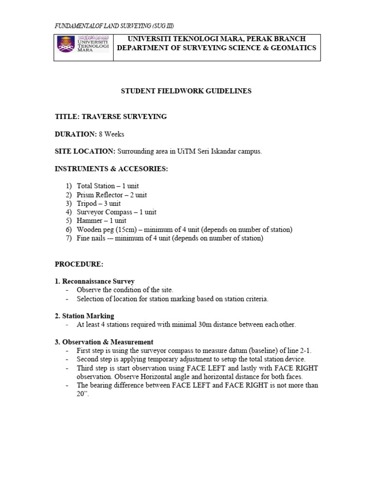 Student Fieldwork Guidelines - Traverse Surveying | PDF
