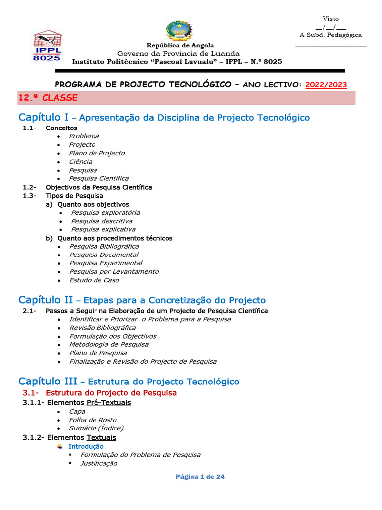 Conteúdo de Projecto Tecnológico 12 Classe (2022 - 2023) | PDF | Abstract (resumo) | Science