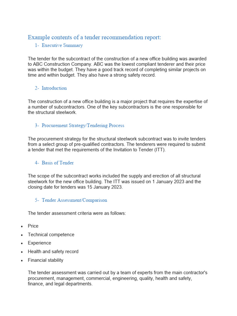Tender Recommendation Report Appendix B | PDF | Subcontractor | Procurement
