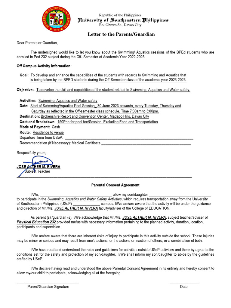 PARENTAL CONSENT FORM - PEd 232 | PDF