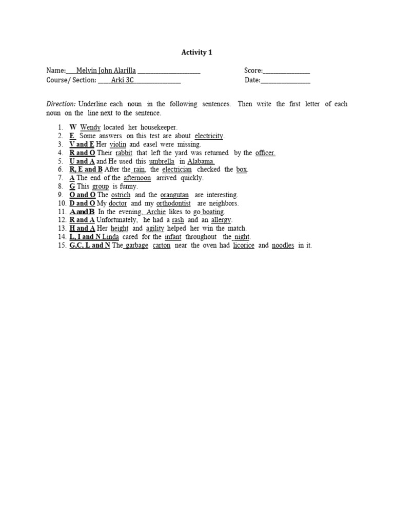 Noun Identification Activity Worksheet | PDF