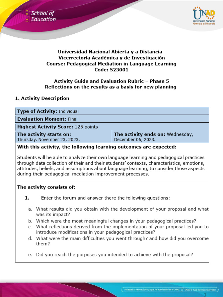 Activity Guide Guide and Evaluation Rubric - Phase 5 - Reflections On The Results As A Basis For ...