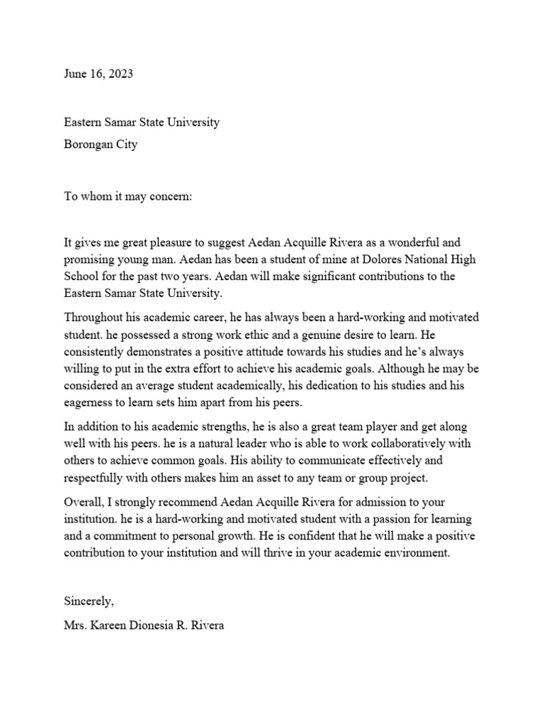 Recommendation Letter | PDF | Cognition | Behavior Modification