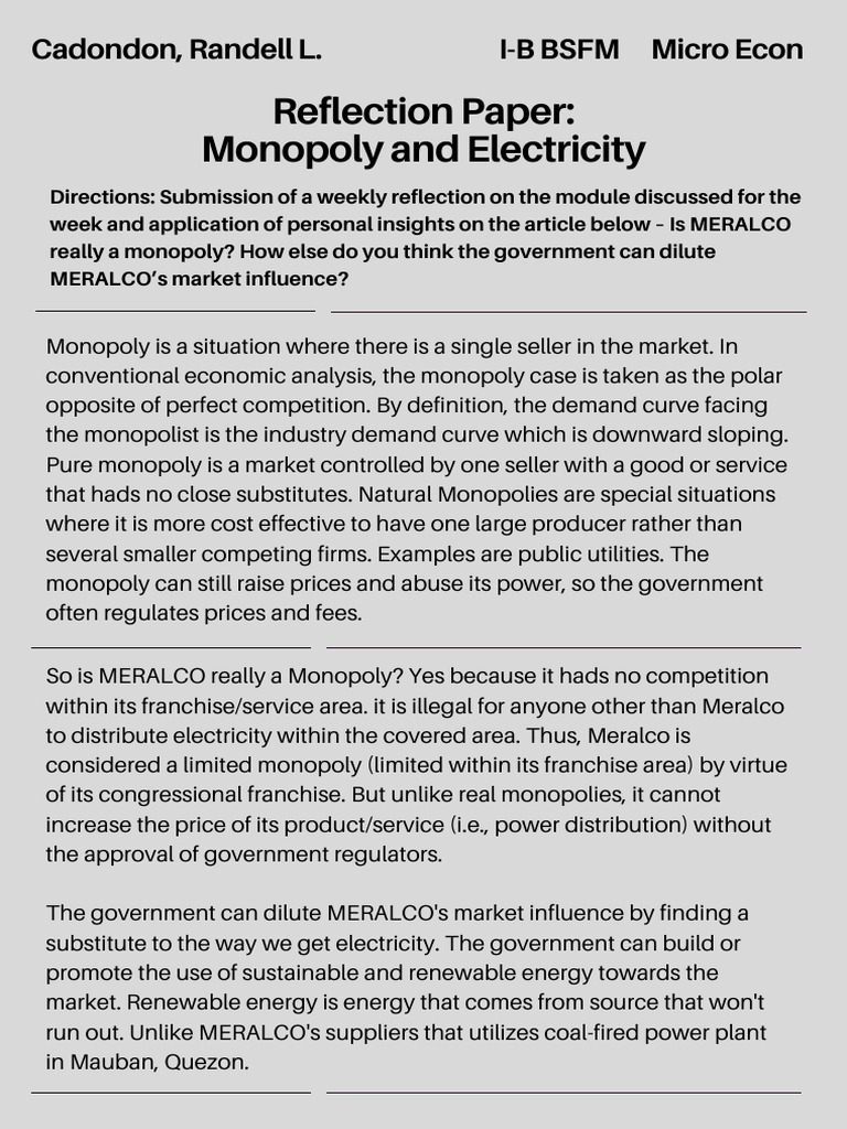Reflection Paper Monopoly and Electricityd | PDF