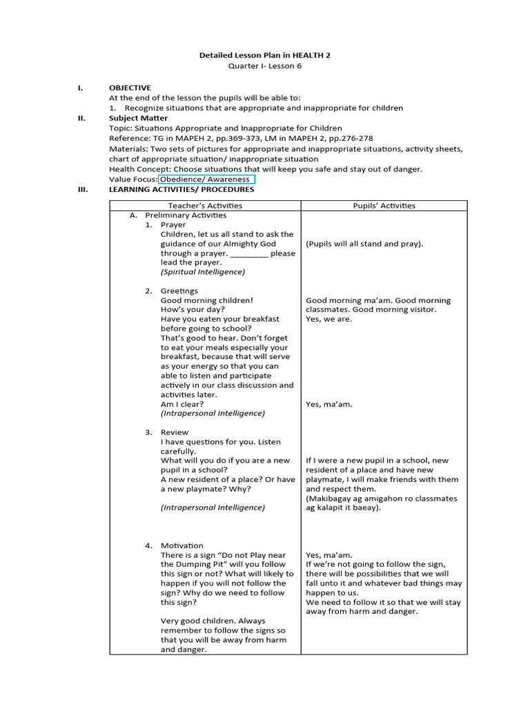Health Lesson Plan: Child Safety Awareness | PDF | Lesson Plan | Prayer
