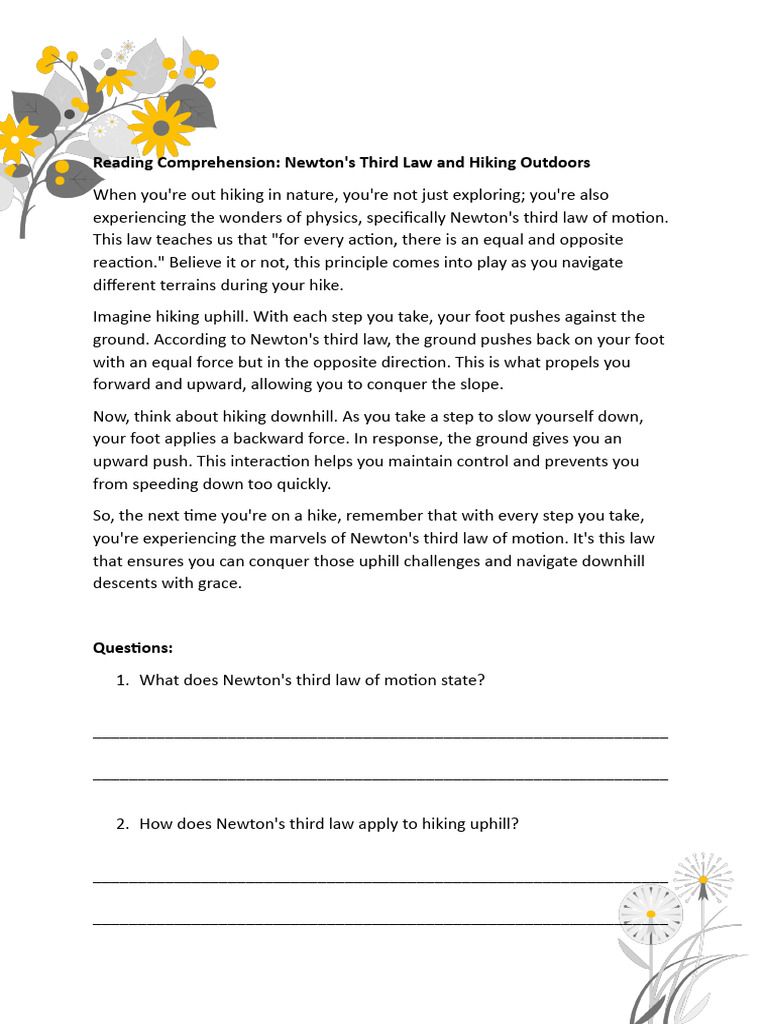3rd Law Reading Comprehension, Hiking | PDF | Force | Mechanics 3rd Law Reading Comprehension, Hiking | PDF | Force | Mechanics