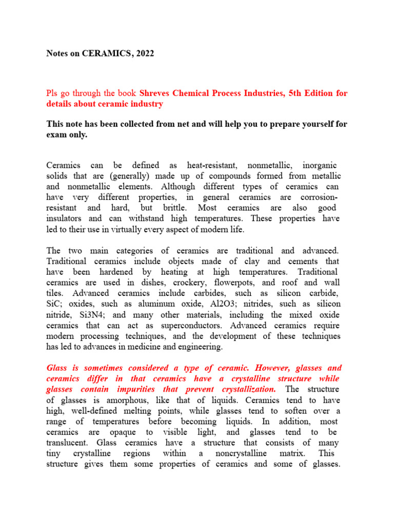 Notes on Ceramics | PDF | Refractory | Ceramics