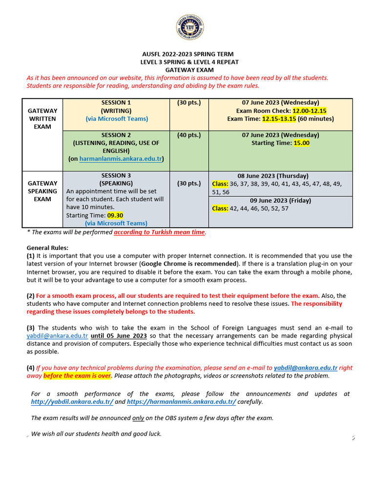 AUSFL 2022-2023 Gateway Exam Details | PDF | Internet | Smartphone