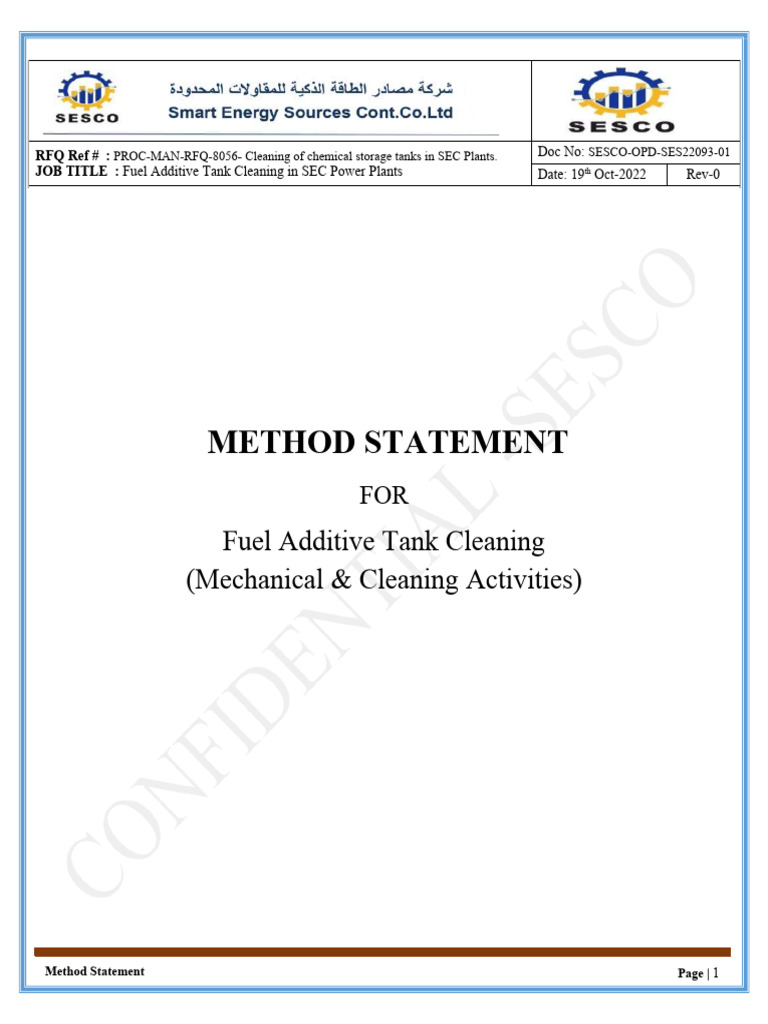 Fuel Additive Tank Cleaning Method Statement | PDF | Housekeeping | Risk