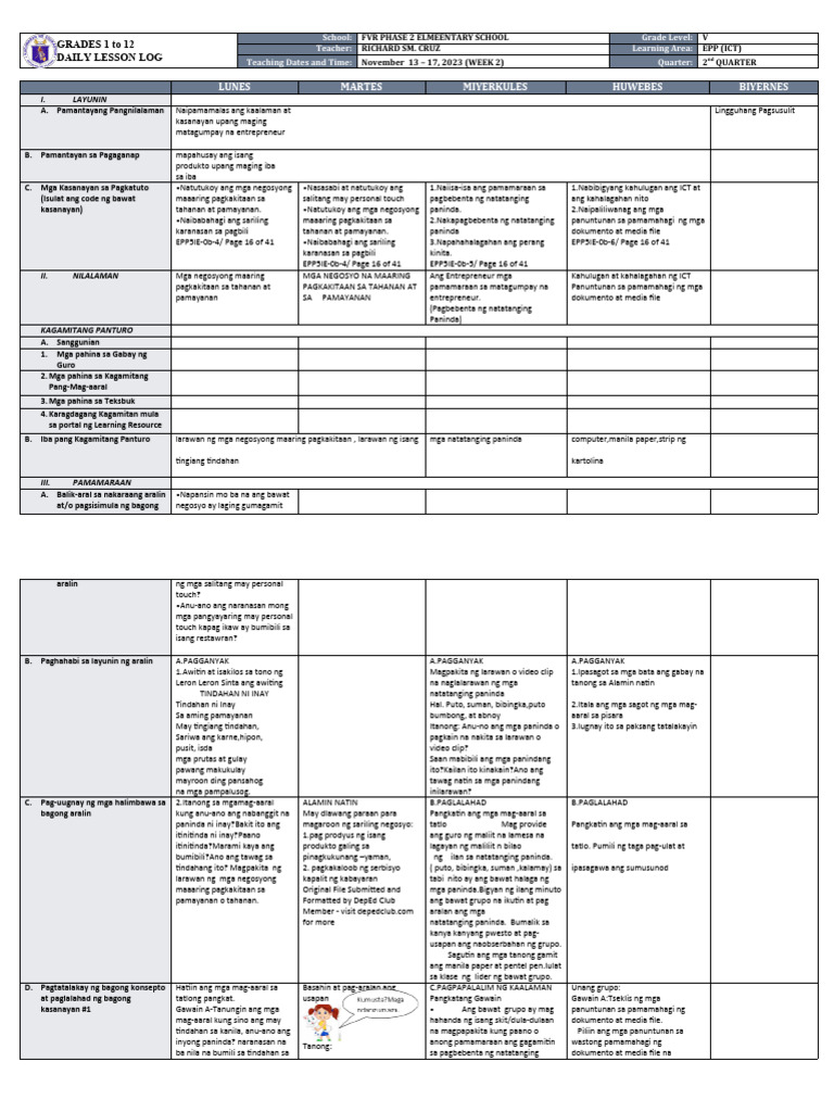 DLL - Epp 5 - Q4 - W2 | PDF