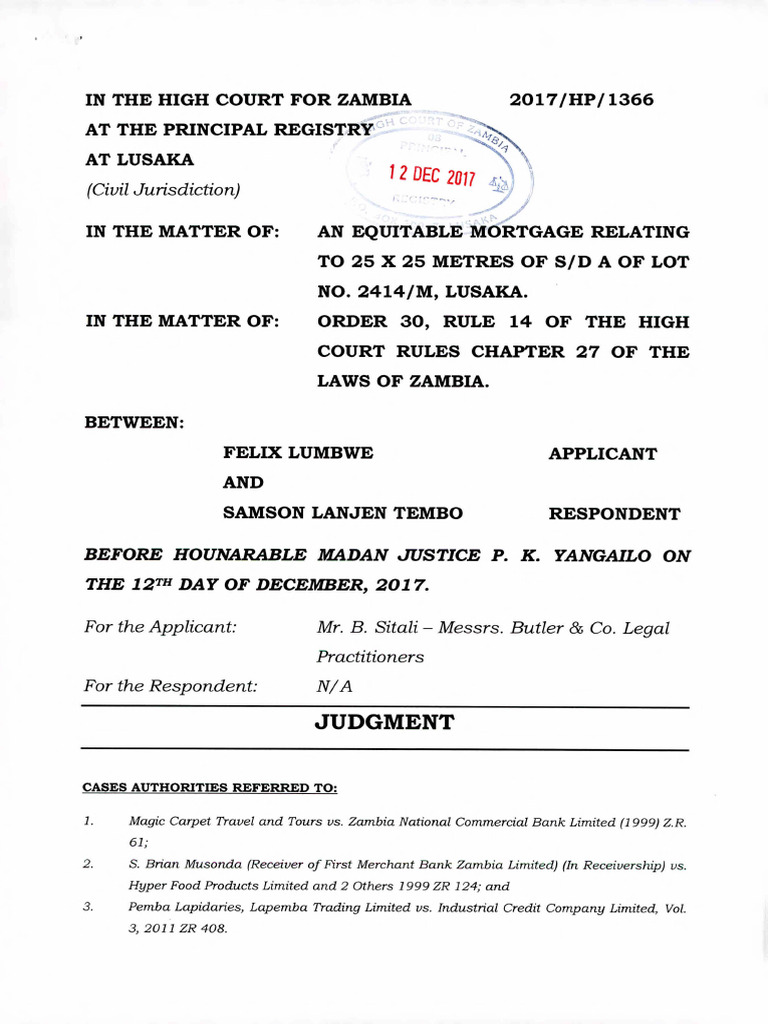 Felix Lumbwe V Samson Lanjen Tembo | PDF