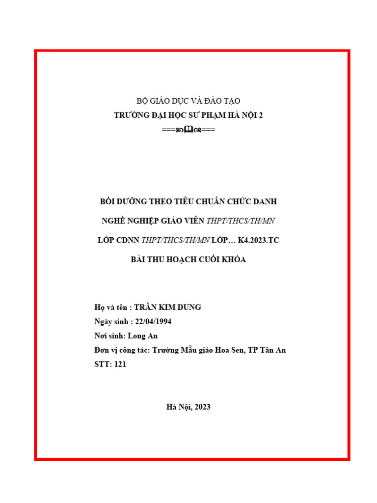BÀI THU HOẠCH CDNN TRẦN KIM DUNG-22-04-1994 ĐV MG HOA SEN TP.TÂN AN | PDF