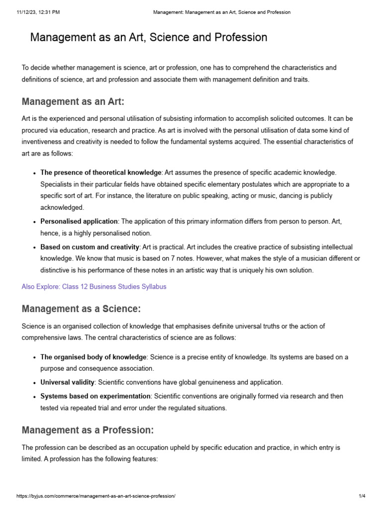 Management - Management As An Art, Science and Profession | PDF ...