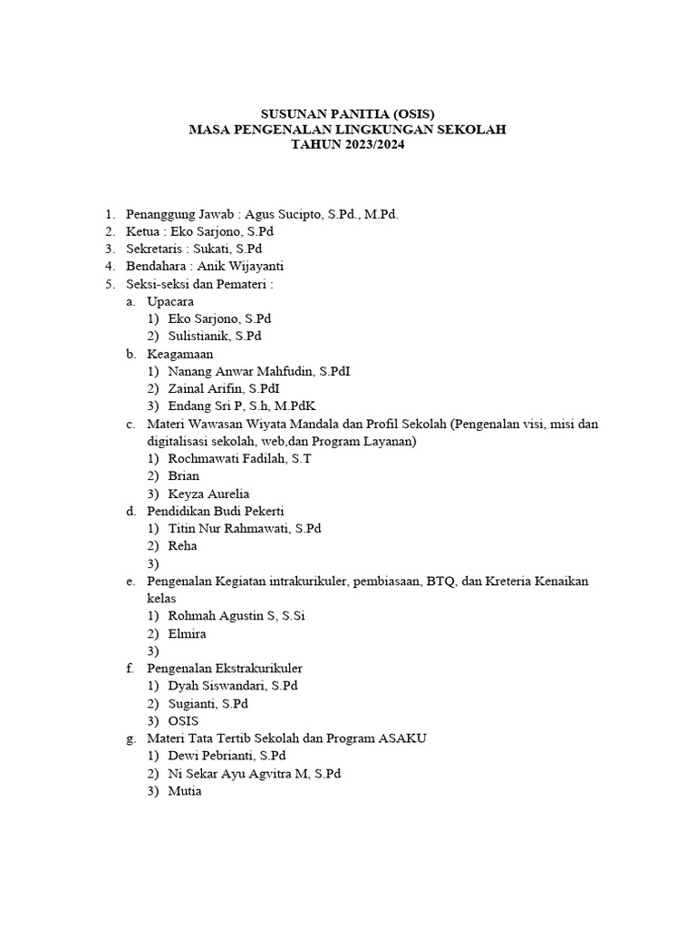 Susunan Panitia (Osis) MPLS 2324 | PDF