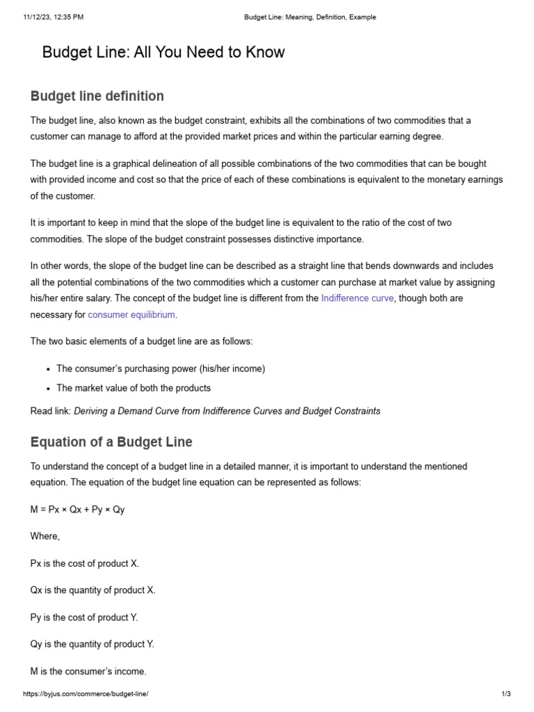 Budget Line - Meaning, Definition, Example | PDF | Economics | Prices Budget Line - Meaning, Definition, Example | PDF | Economics | Prices