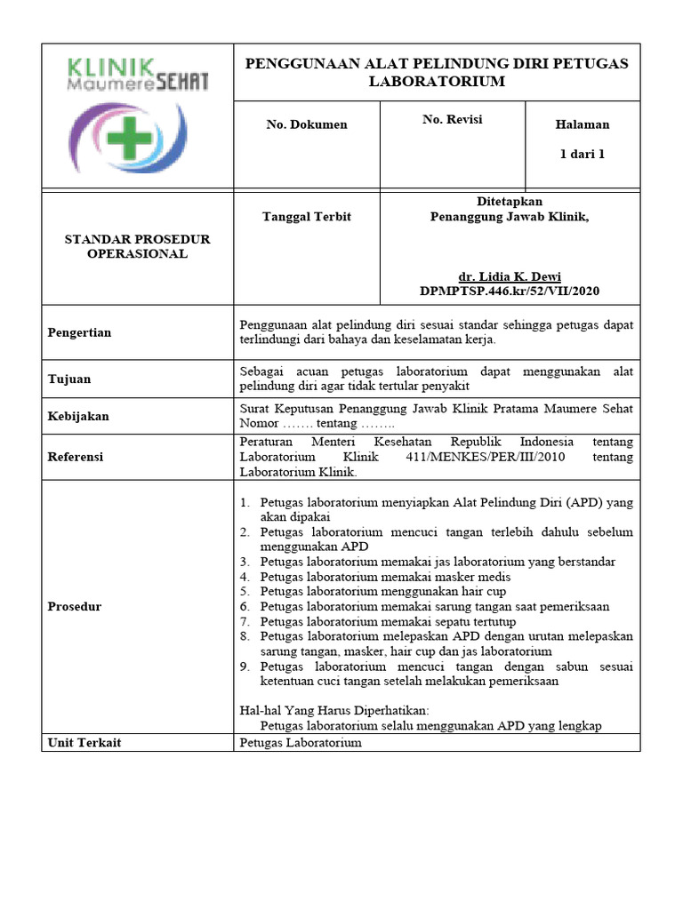 Panduan Penggunaan APD Petugas Laboratorium | PDF