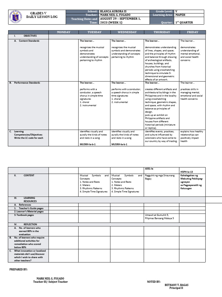 DLL - Mapeh 5 - Q1 - W1 | PDF | Learning | Cognitive Science