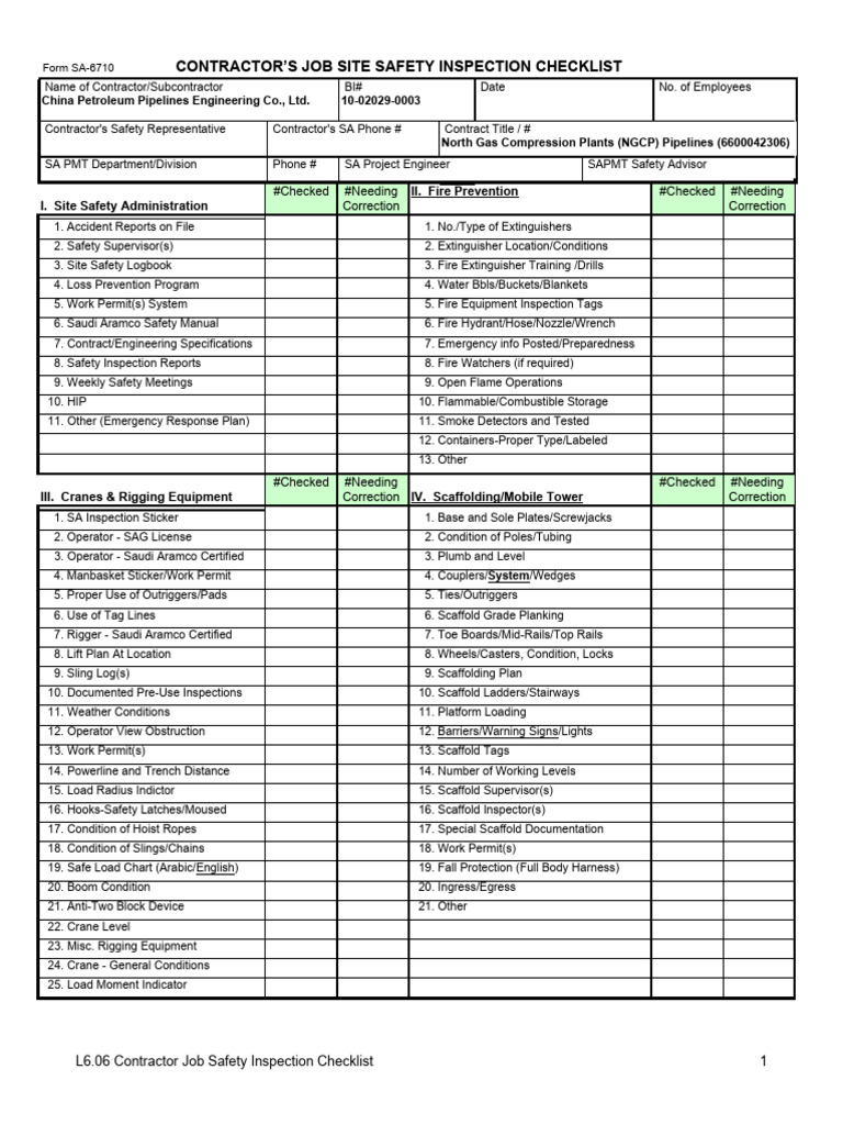 6-Weekly Site Safety Inspection Checklist | PDF | Scaffolding | Crane ...