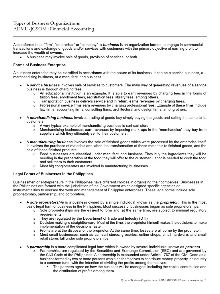 01 Types of Business Organizations | PDF | Business | Partnership