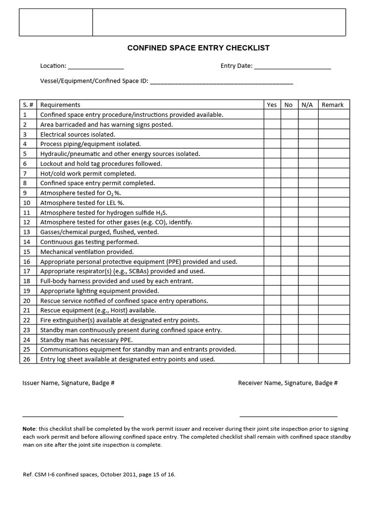 8-Confined Space Entry Checklist | PDF
